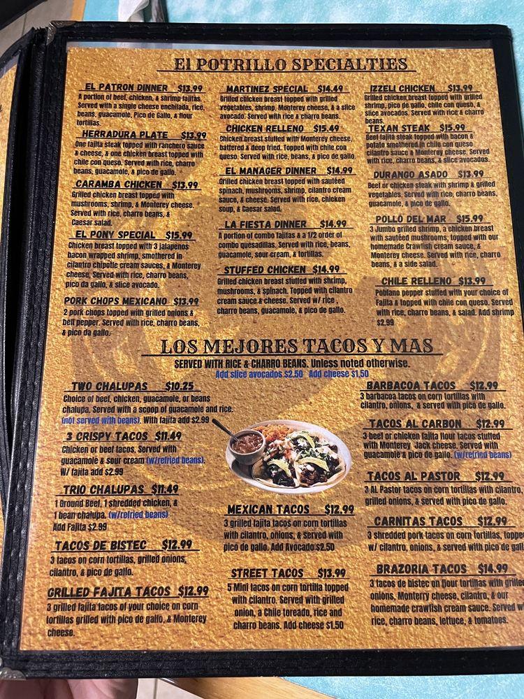 Menu at El Potrillo restaurant, Brazoria