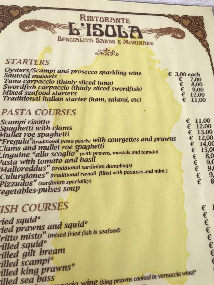 Menu da L'isola ristorante, Roma