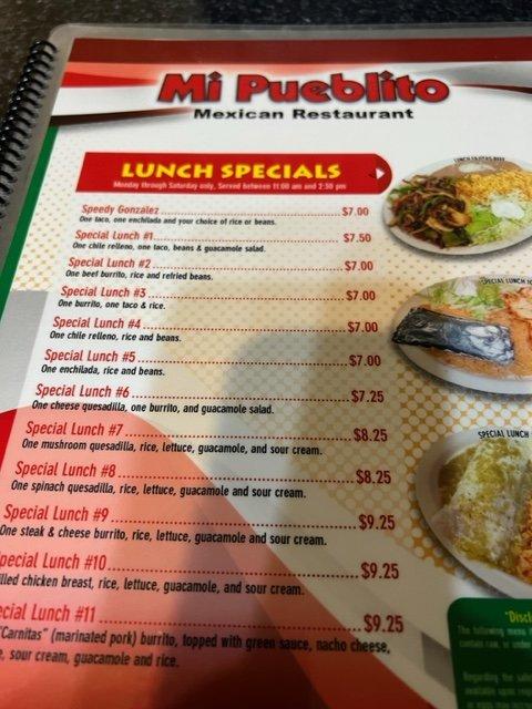 Menu at Mi Pueblito restaurant, Winterset