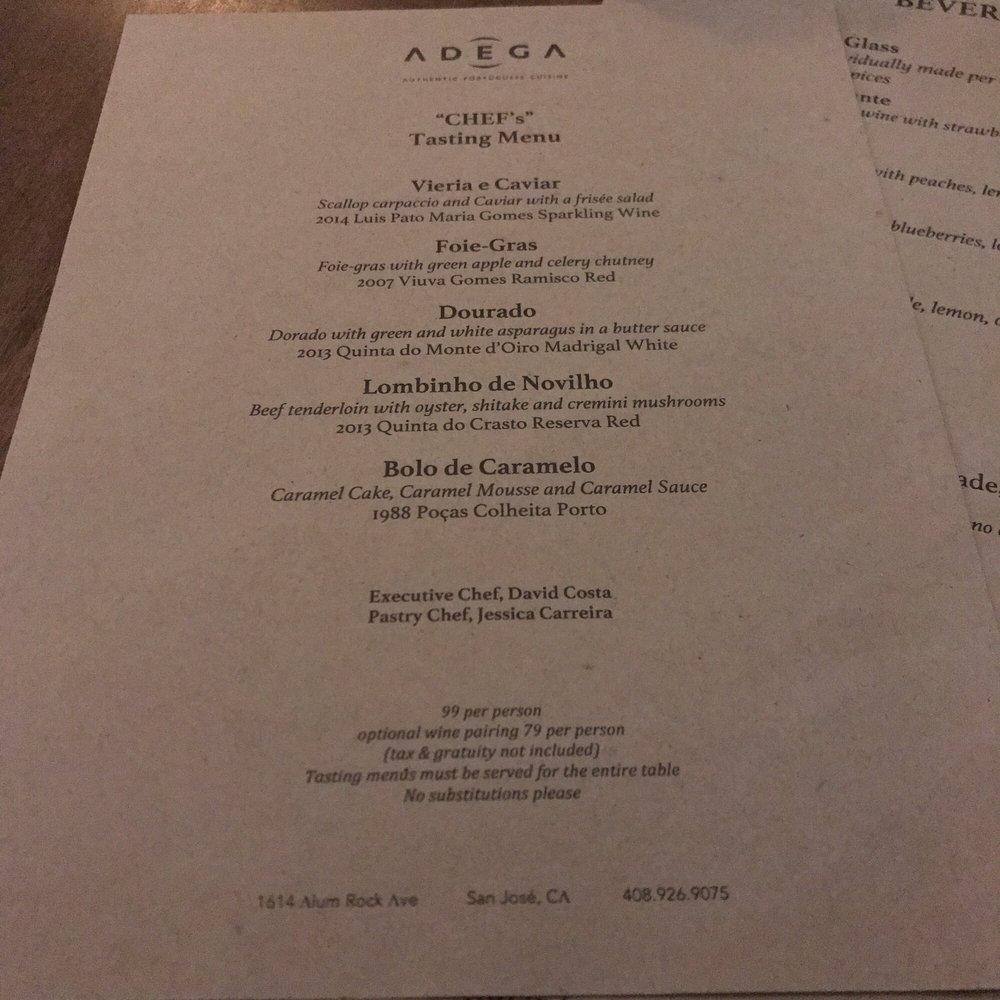 Menu at ADEGA restaurant, San Jose, 1614 Alum Rock Ave