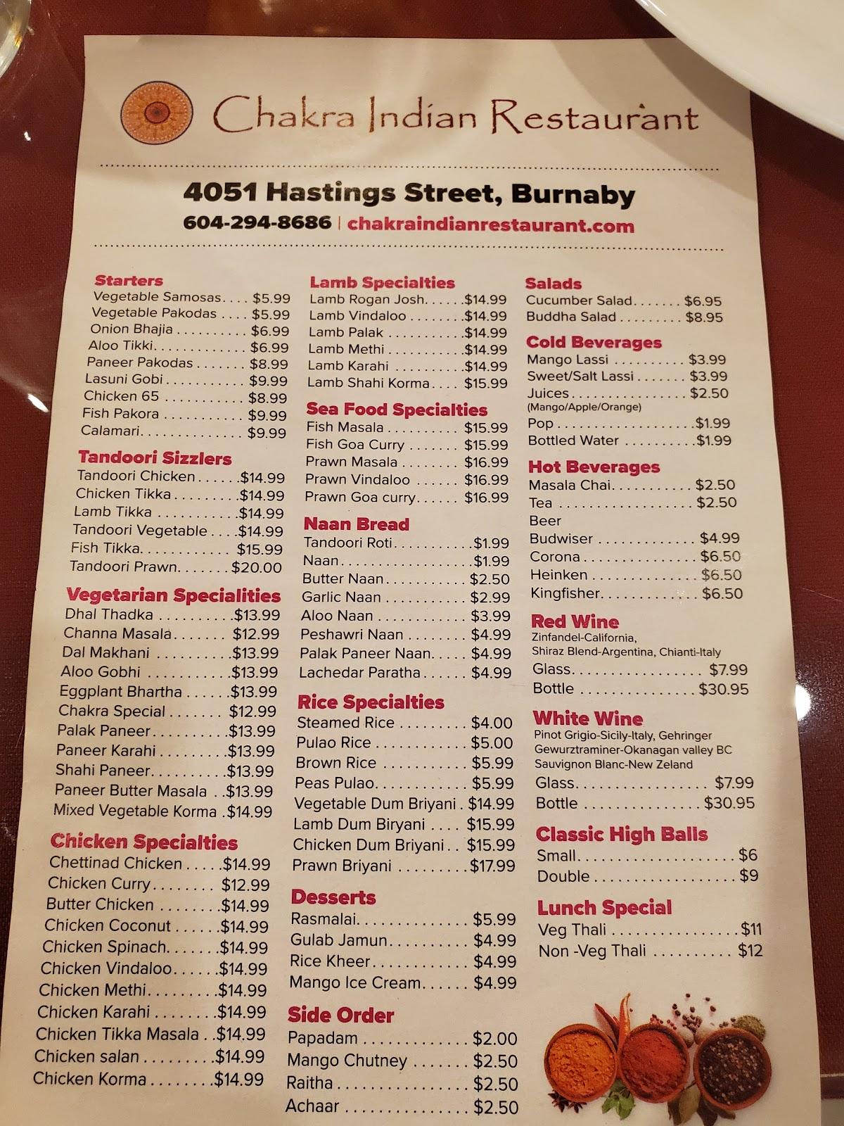 Menu at Chakra Indian Restaurant, Burnaby