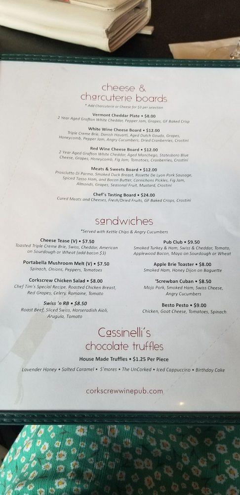 Menu at Corkscrew Wine Shop & Bar, Fort Mill