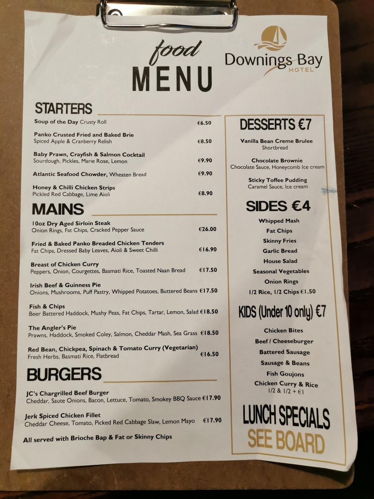 Menu at Downings Bay Hotel restaurant, Downings