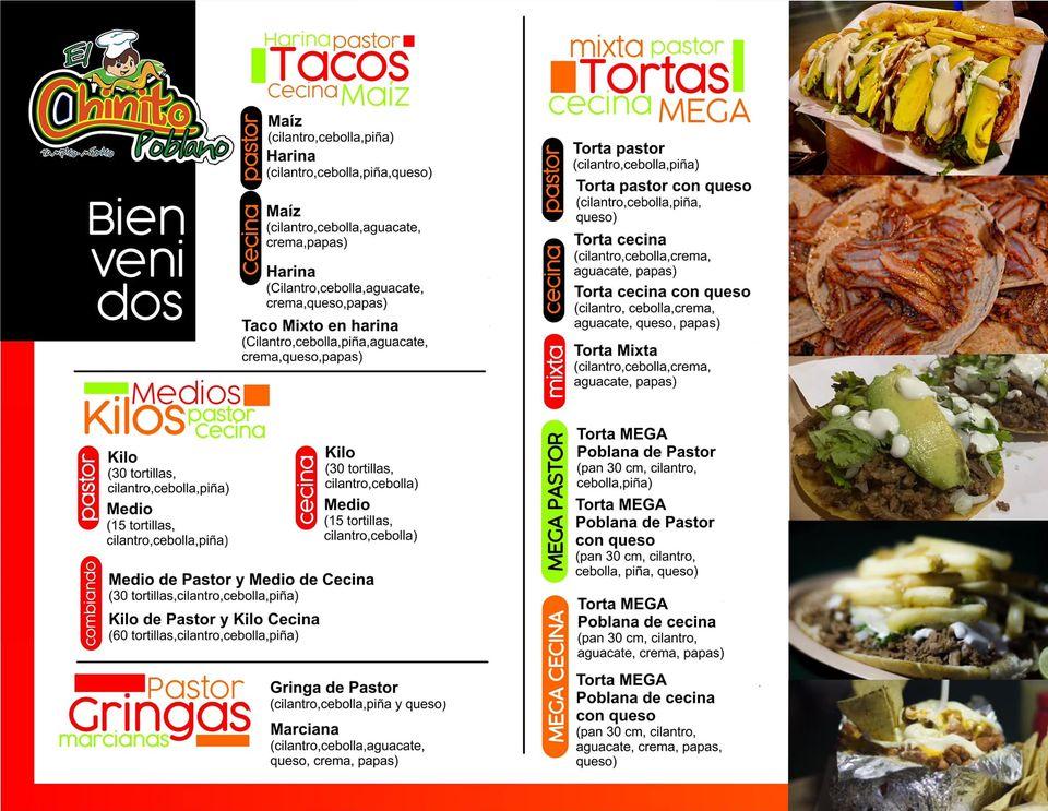 Menu at Taqueria El Chinito Poblano restaurant, Tampico, Agustín Melgar 102