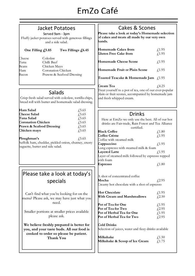 Menu at EmZo Gift Home And Café restaurant, Bacton