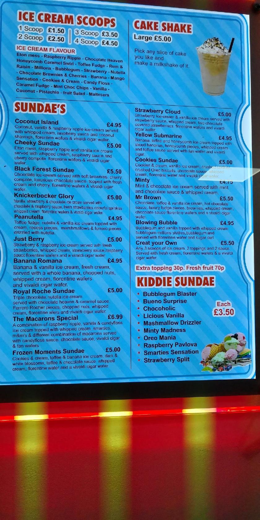 Menu at Frozen Moments desserts, Heywood