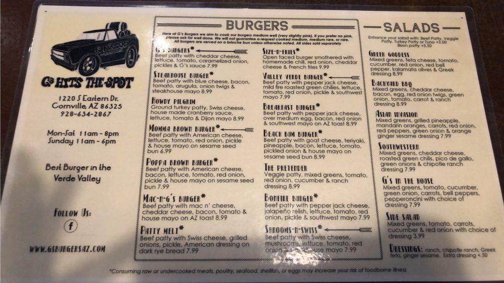 Menu at G's Burgers pub & bar, Cornville