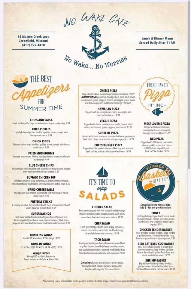 Menu at No Wake Cafe, USA