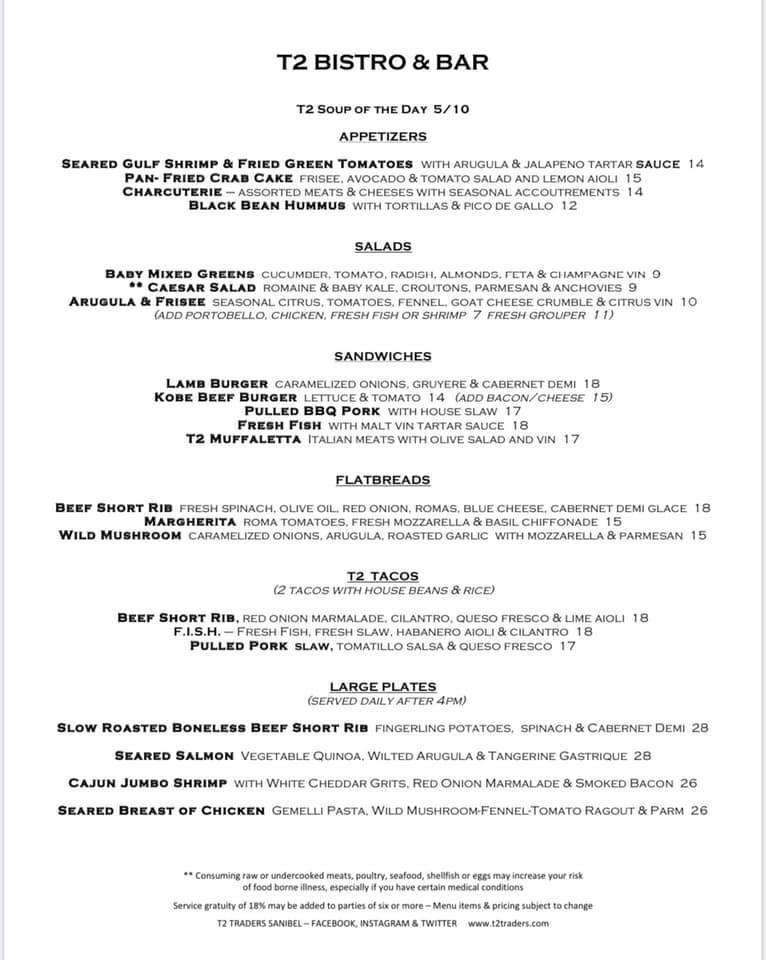 Menu at Traders Restaurant on Sanibel, Sanibel
