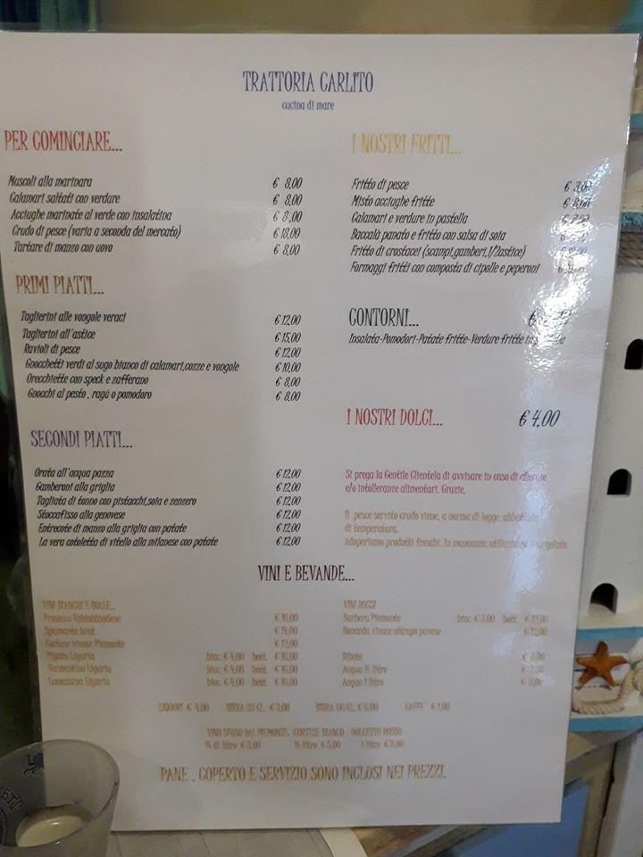 Menu da Trattoria Carlito ristorante, Arenzano, Via Edoardo Ghiglini