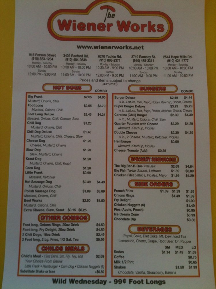 Menu at Wiener Works restaurant, Fayetteville, Hope Mills Rd
