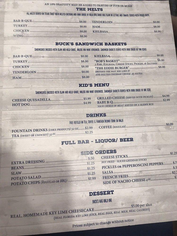 Menu at Bucks Bar, Corinth