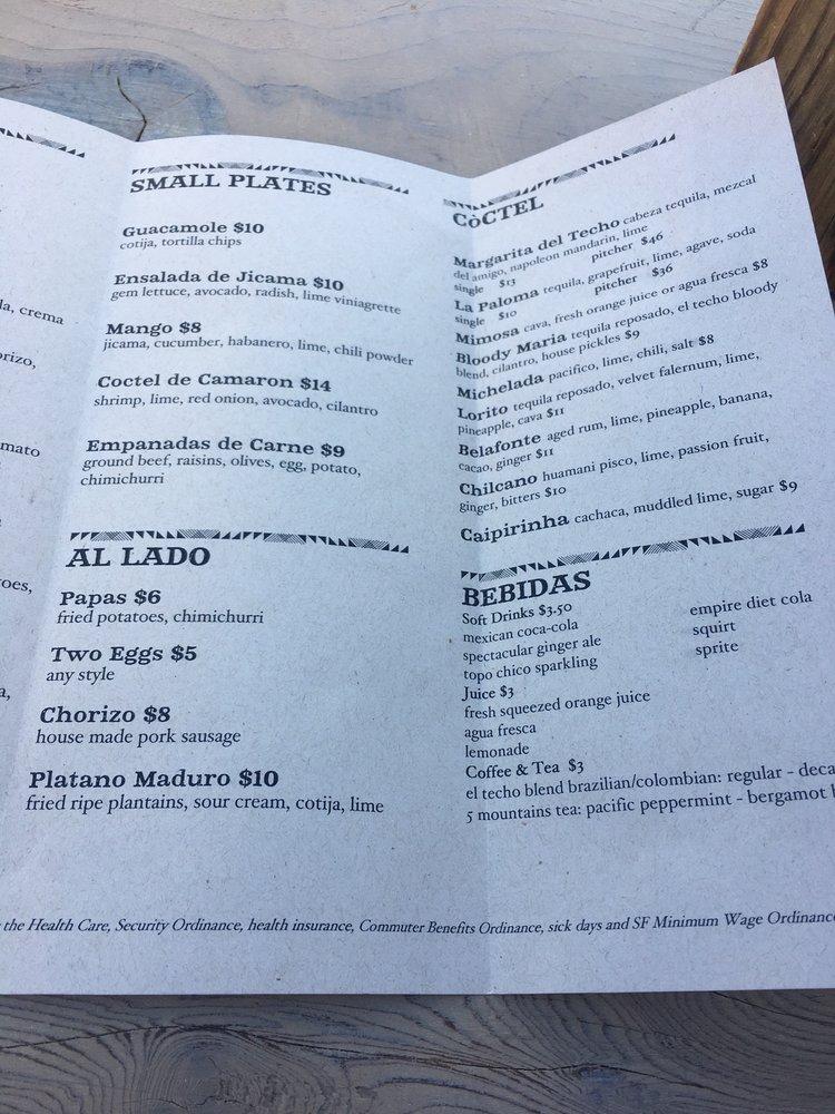 Menu at El Techo pub & bar, San Francisco