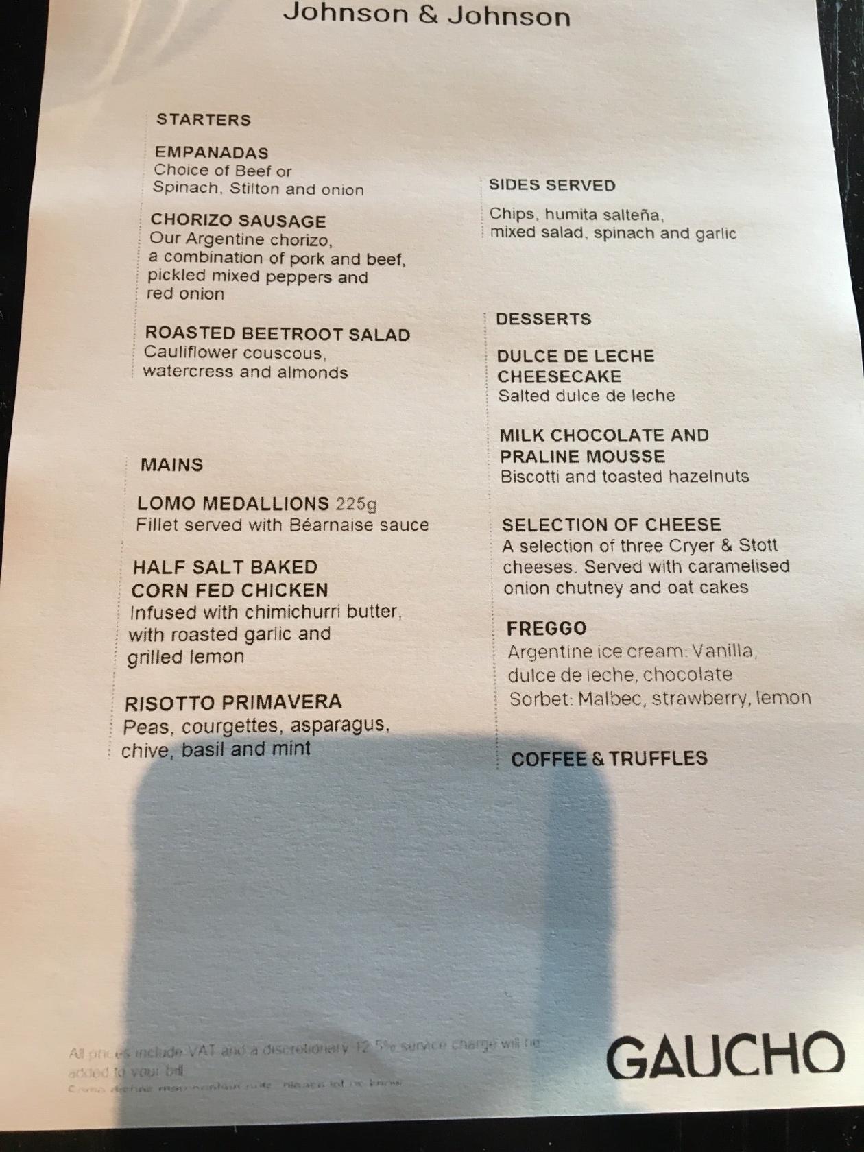 Menu at Gaucho Richmond steakhouse, Richmond, The Towpath
