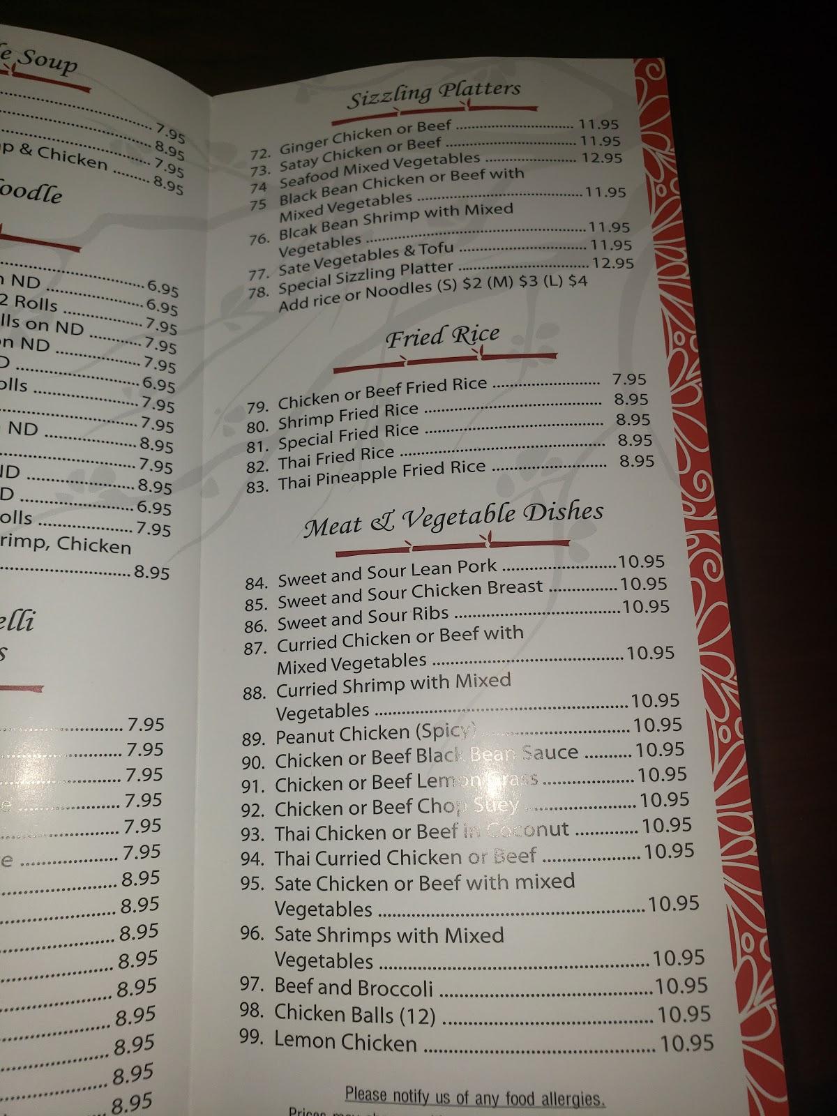 Menu at Spring Roll Restaurant, Saskatoon