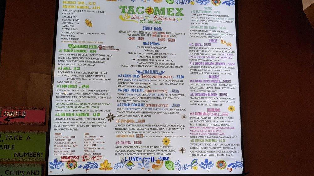 Menu at Tacomex Las Colinas restaurant, Irving