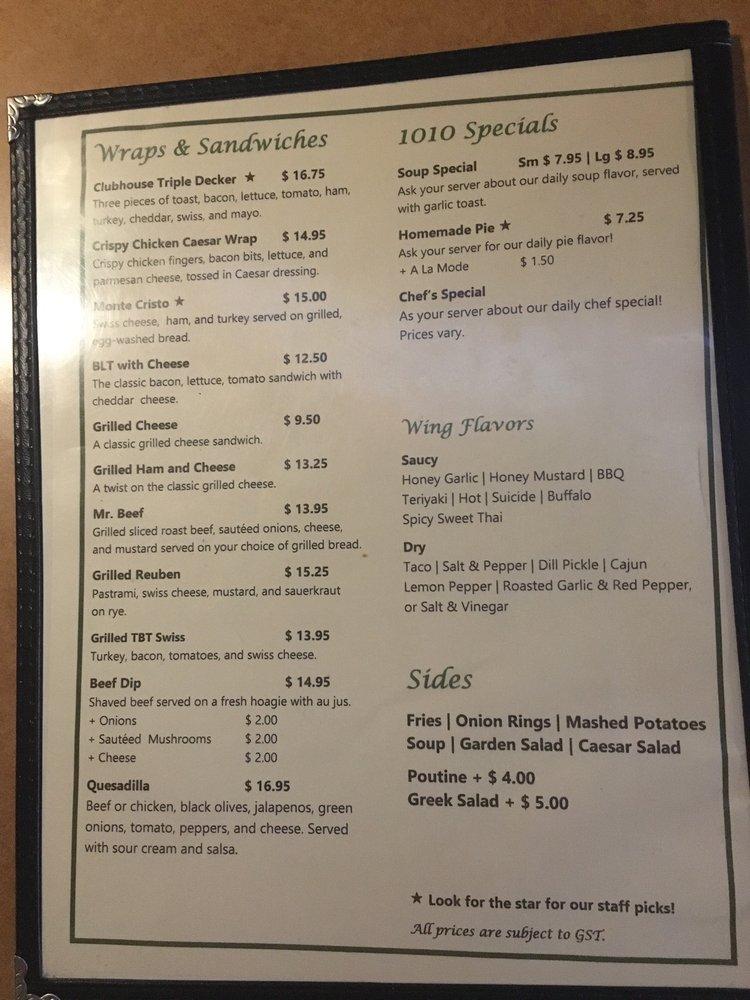 Menu at Ten Ten Pub, Lethbridge