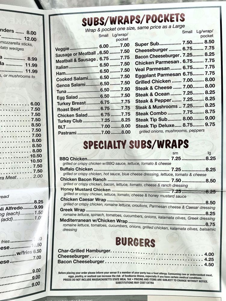 Menu at AJ's Pizzaria pizzeria, West Boylston