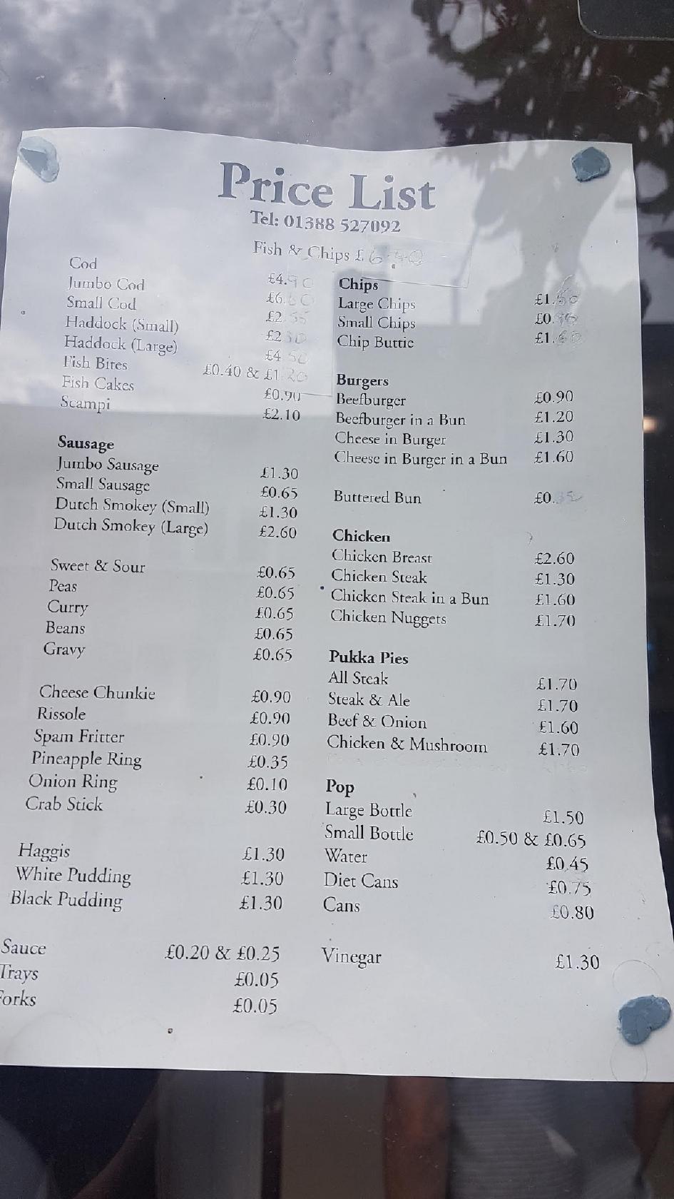Menu at Craven's Fish Shop restaurant, Wolsingham, 23 Angate St