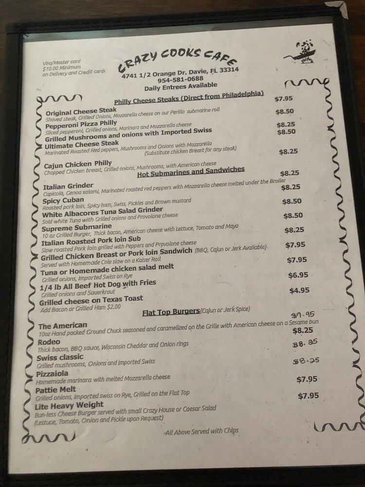 Menu at Crazy Cooks Cafe & Catering, Davie, 1 2 Orange Dr