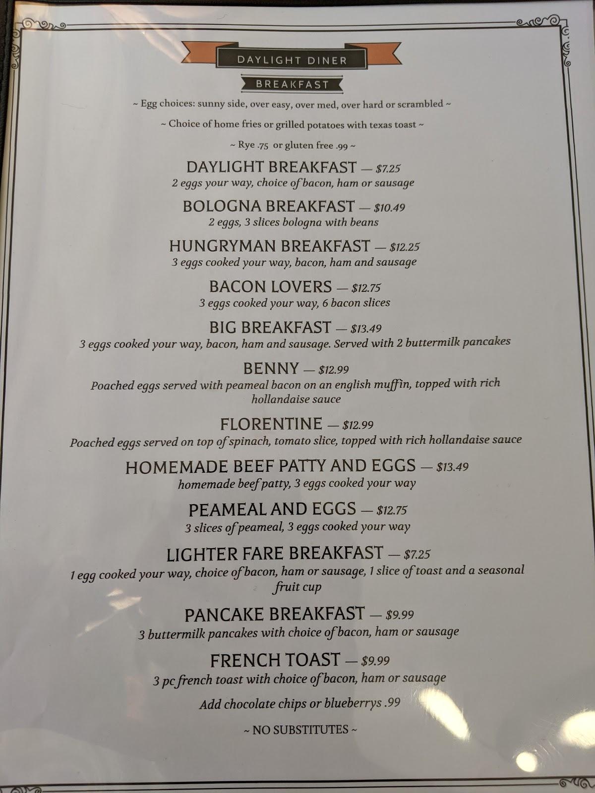 Menu at Daylight Diner restaurant, Kawartha Lakes