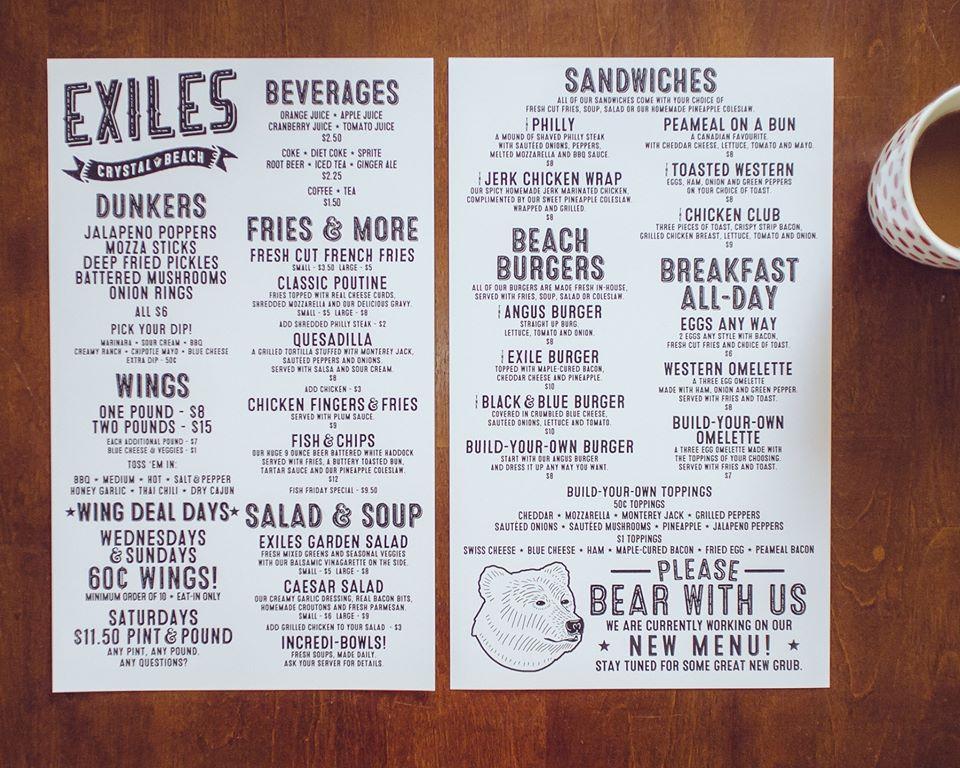 Menu at Exiles Crystal Beach pub & bar, Fort Erie