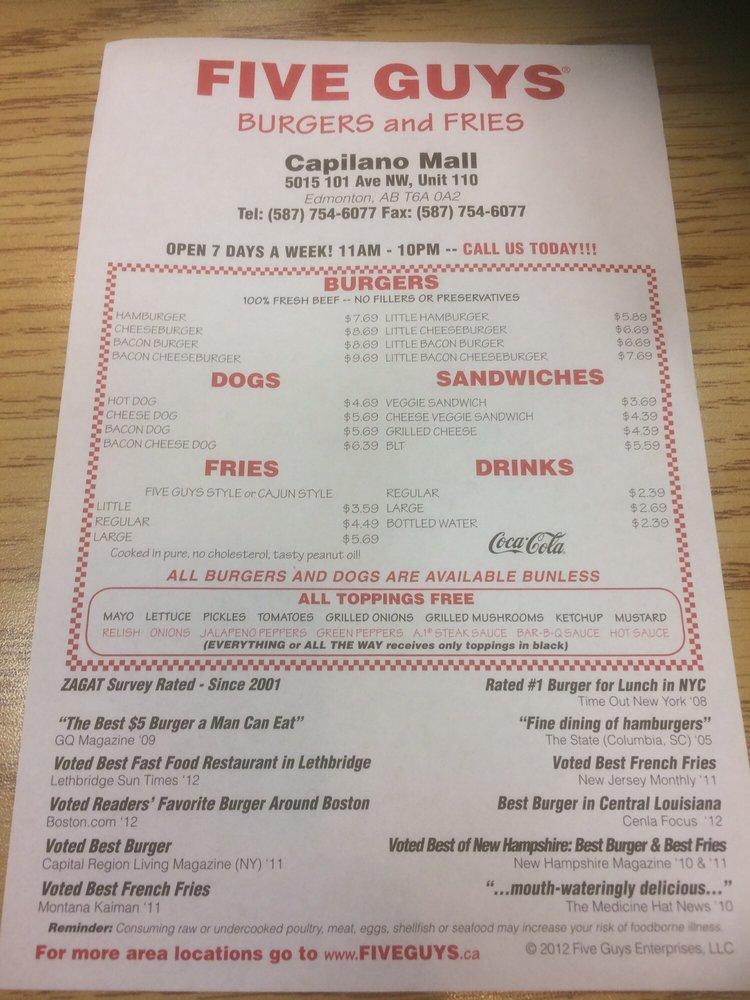Menu at Five Guys fast food, Edmonton, 101 Ave NW Unit 110