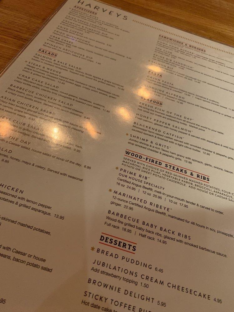 Menu at Harveys steakhouse, Tupelo