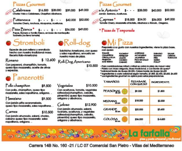 Menu at La Farfalla restaurant, Bogotá, Carrera 14B # 160-21 LC 7
