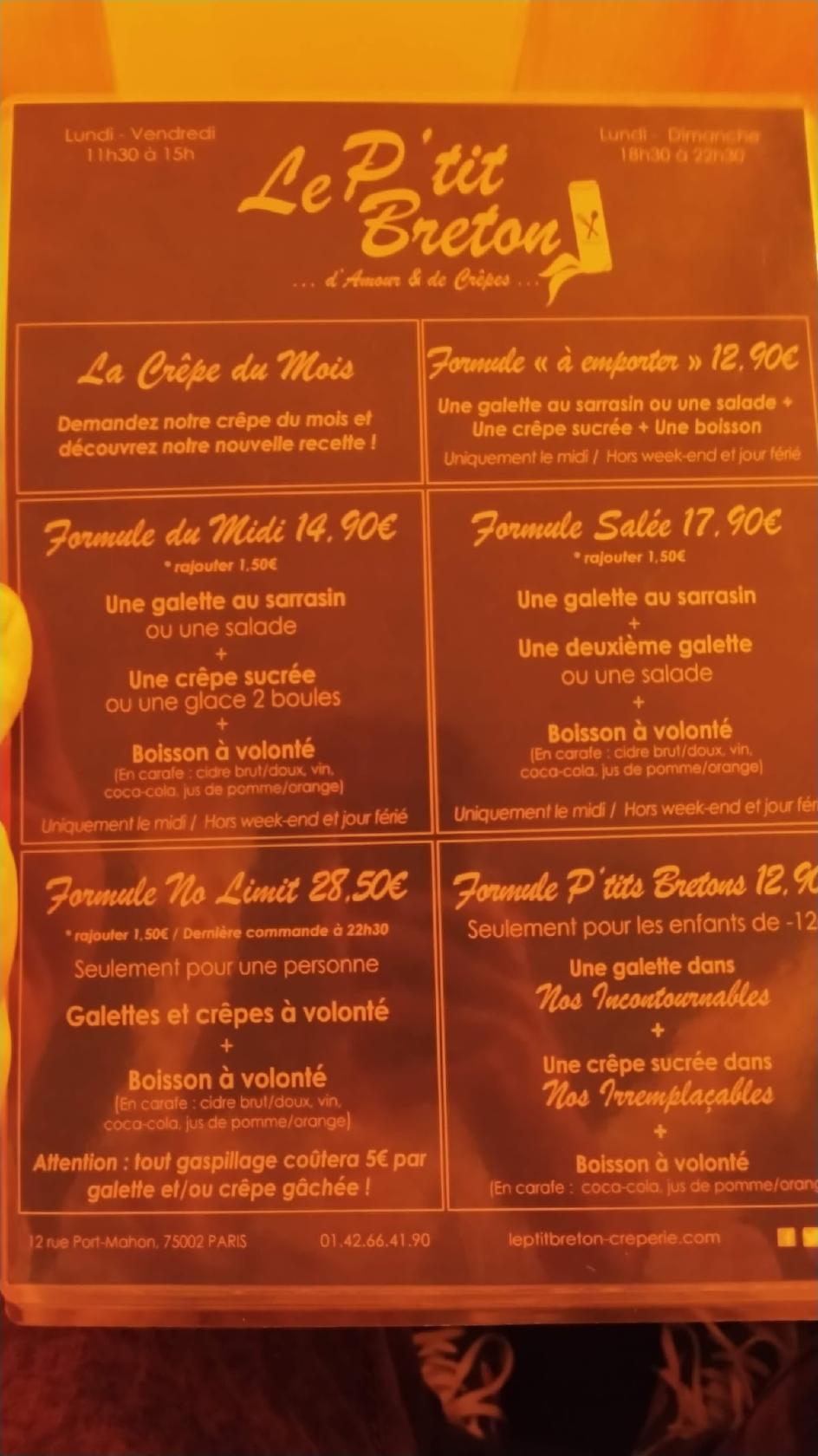 Menu au Le P'tit Breton Opéra restaurant, Paris, 12 Rue de Port-Mahon