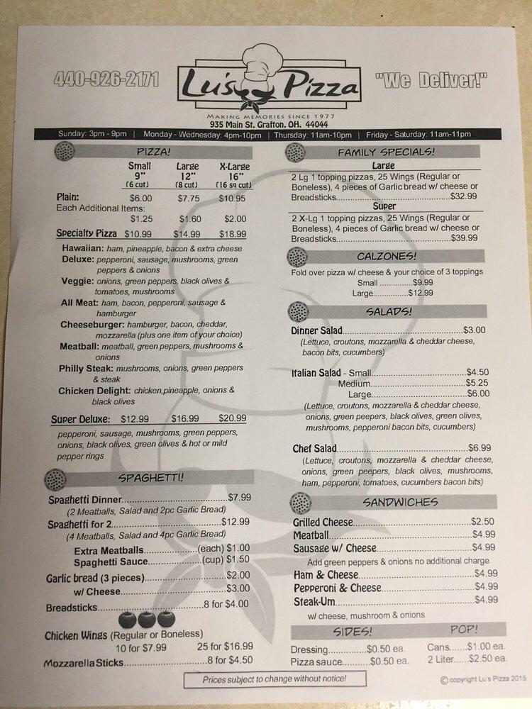 Menu at Lu's Pizza pizzeria, Grafton