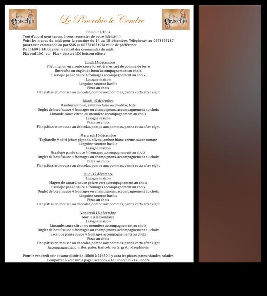 Menu au Pinocchio pizzeria, Le Cendre, Rue Jean Mermoz