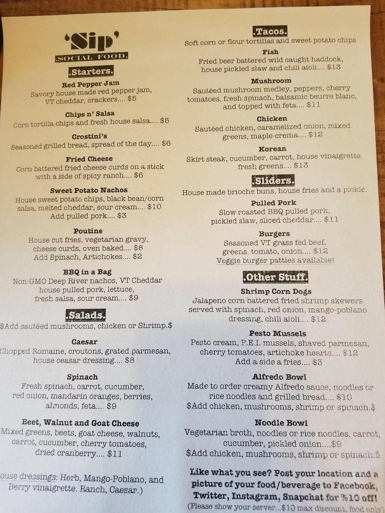 Menu at Sip pub & bar, Plattsburgh