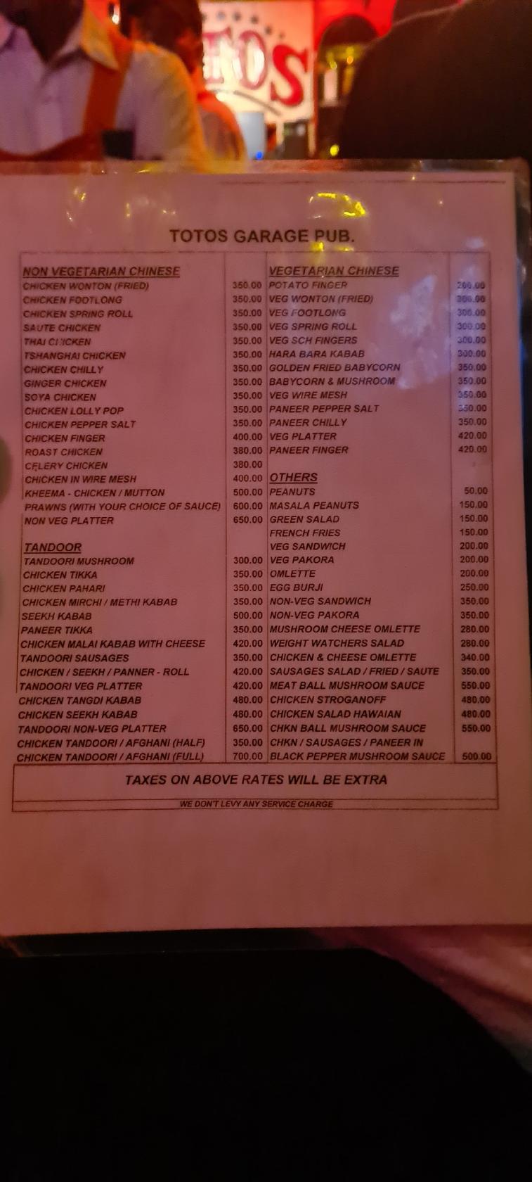 Menu at Toto's Garage, Mumbai