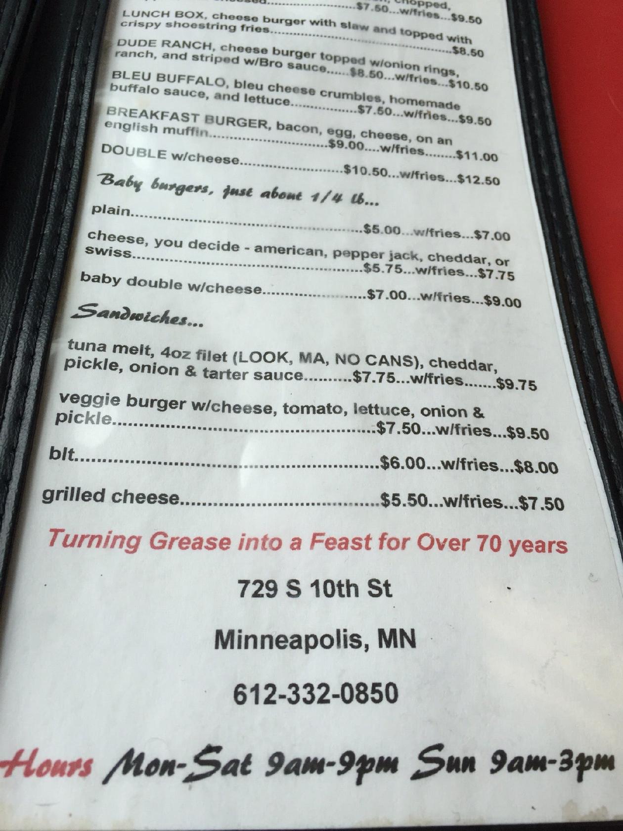 Menu at Band Box Diner restaurant, Minneapolis