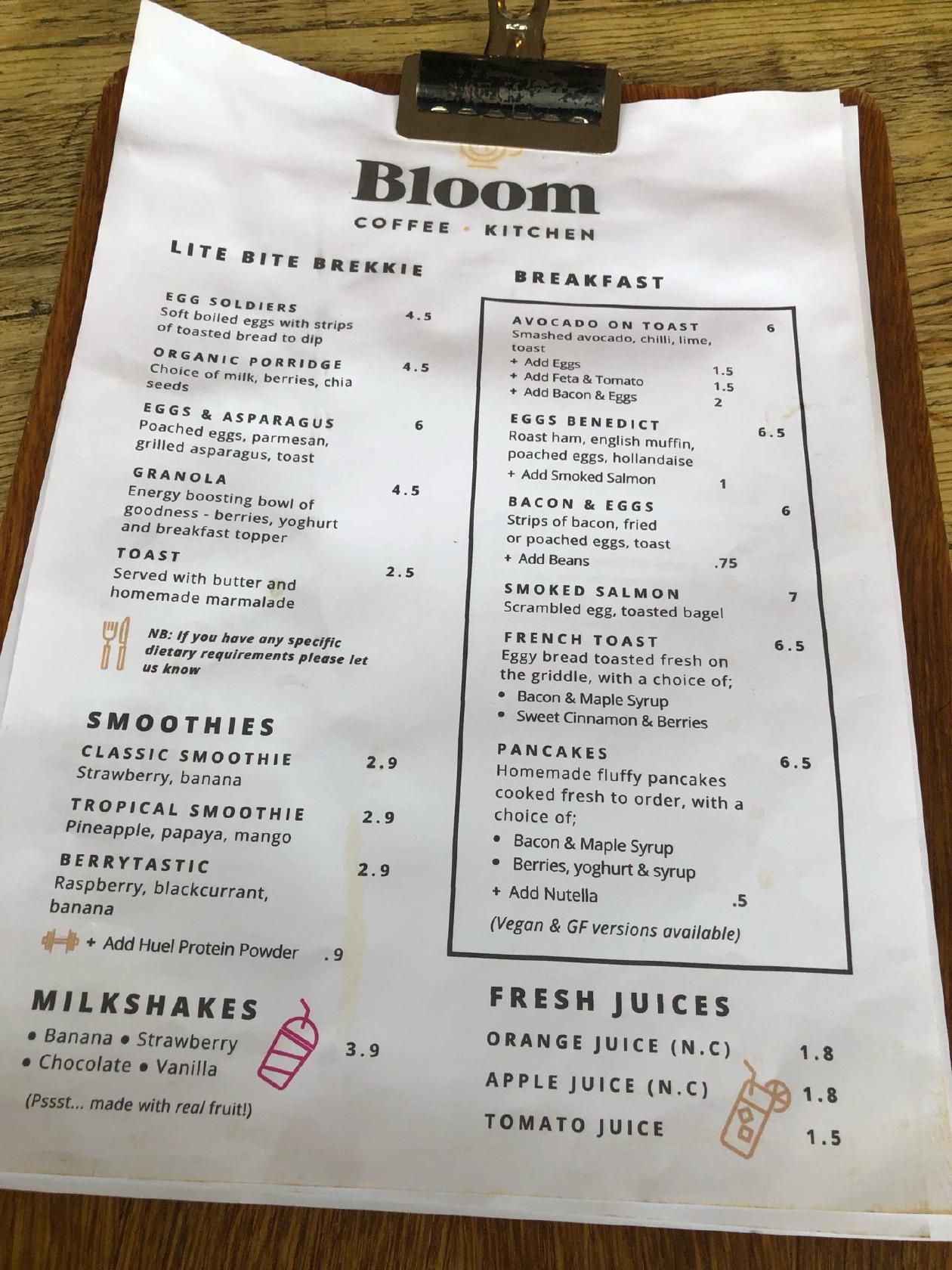 Menu at Bloom Coffee Kitchen cafe, Troon