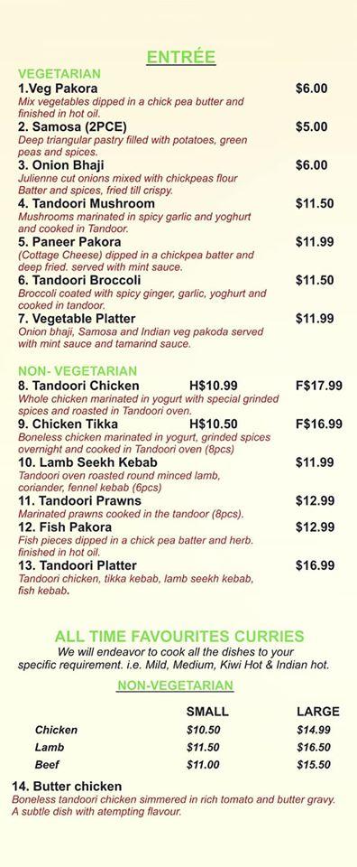 Menu at Indian Pavilion restaurant, Tauranga