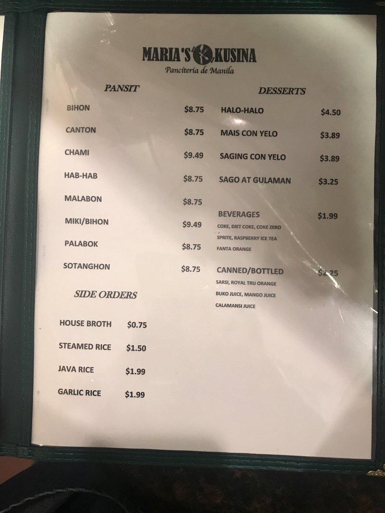Menu at Maria's Kusina restaurant, Buena Park