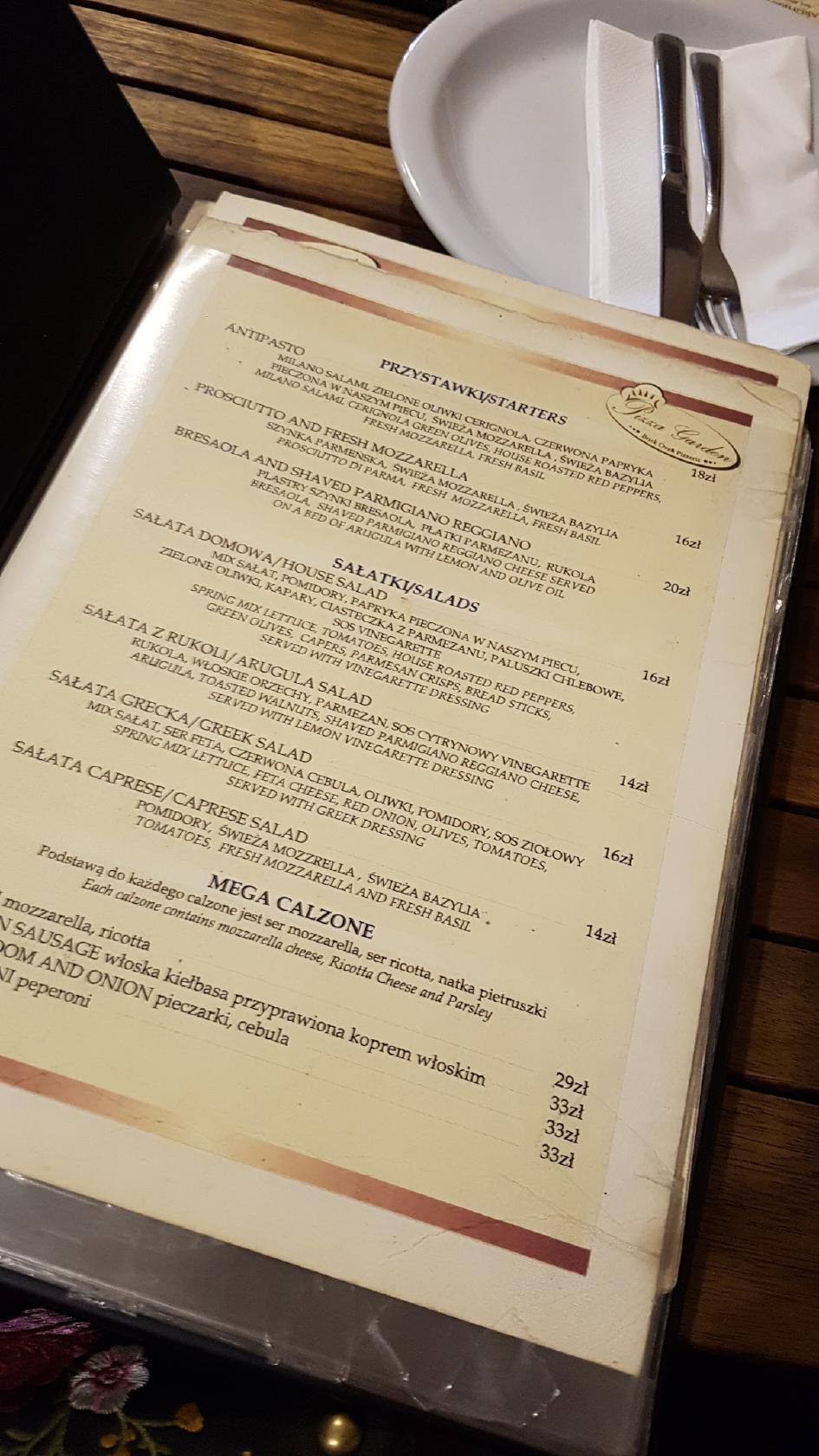 Menu at Pizza Garden restaurant, Kraków, Rakowicka 1