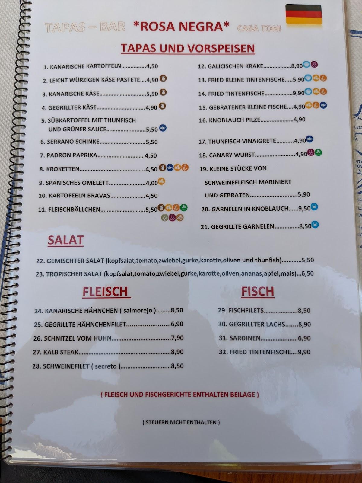 Menu at Tapas Bar casa Toni, Puerto de la Cruz