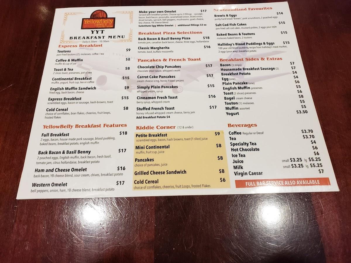 Menu at YellowBelly Brewery YYT restaurant, St. John's