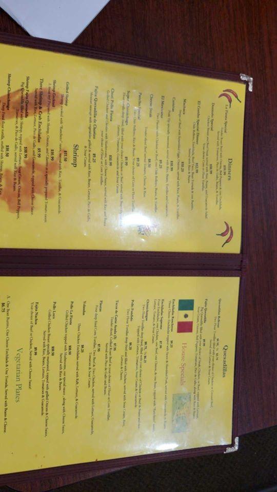 Menu at La Fiesta restaurant, Centerville