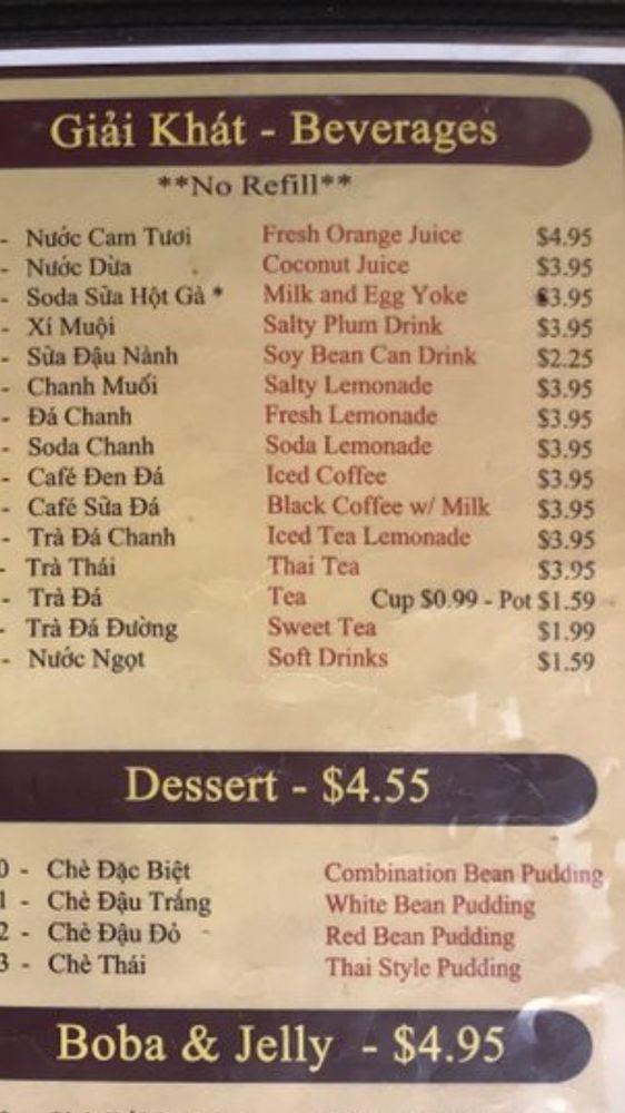Menu at Master Pho restaurant, Doraville