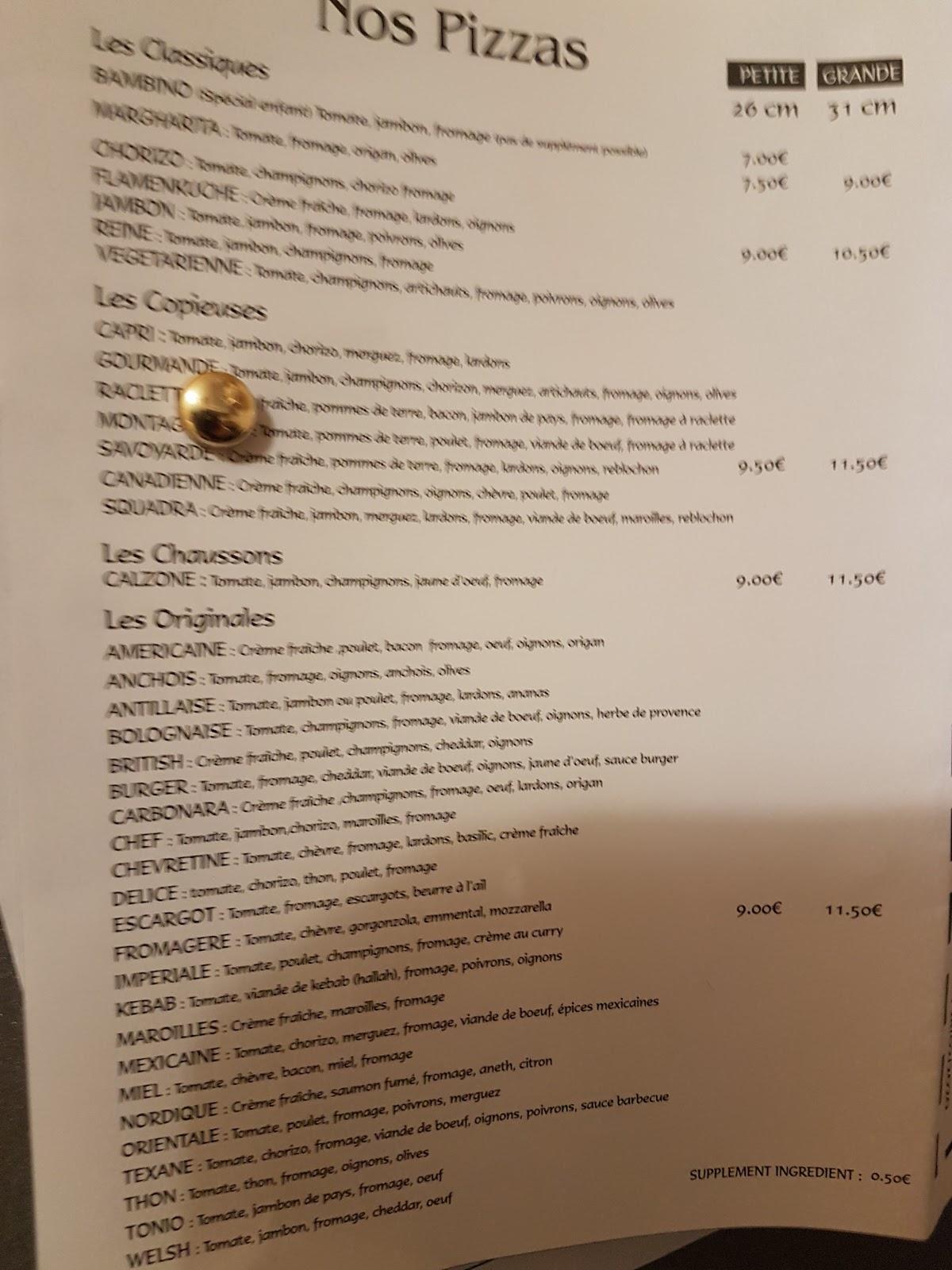 Menu au La Squadra Pizzeria, Rœulx