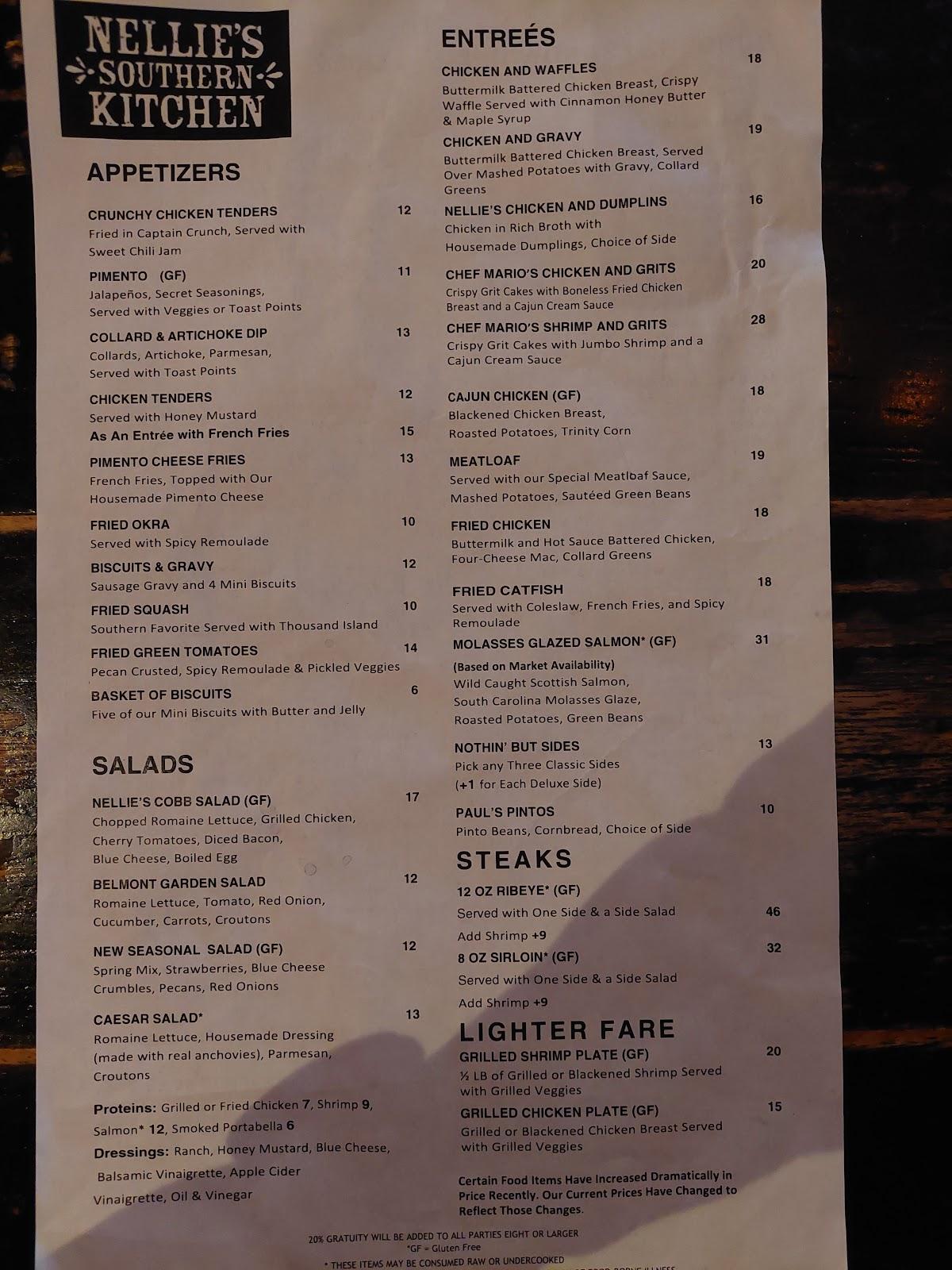 Menu at Nellie's Southern Kitchen restaurant, Belmont