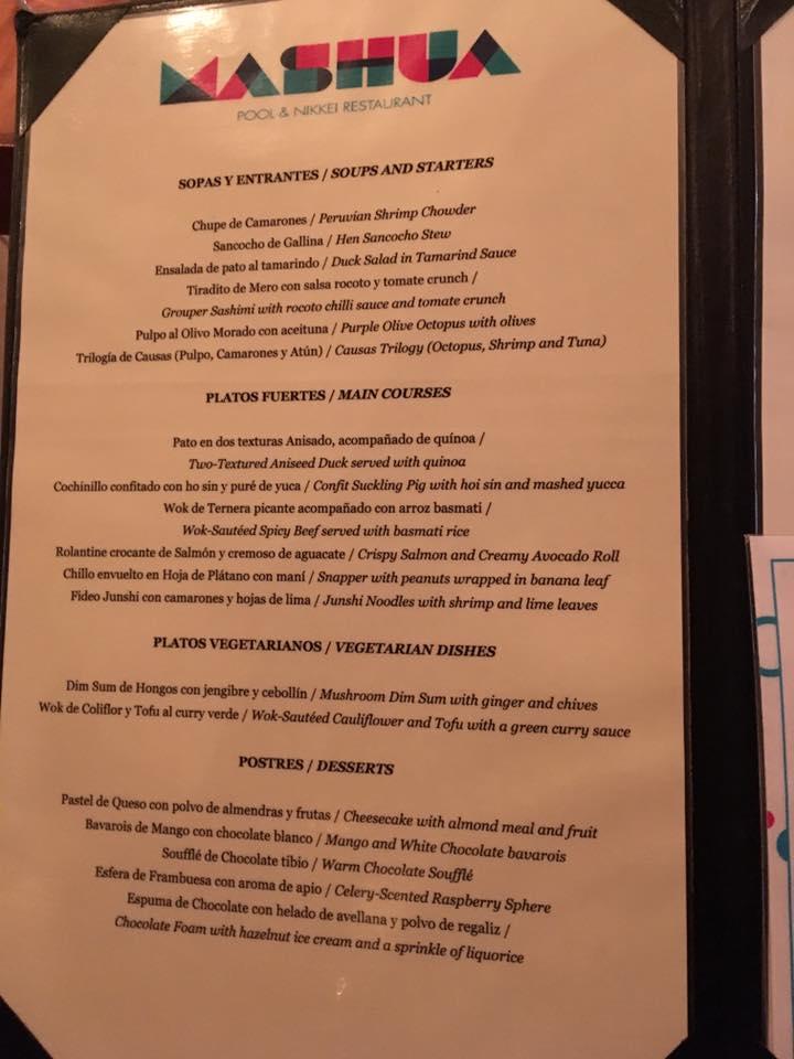 Menu at Mashua Nikkei Restaurant, Punta Cana, Ambar Green