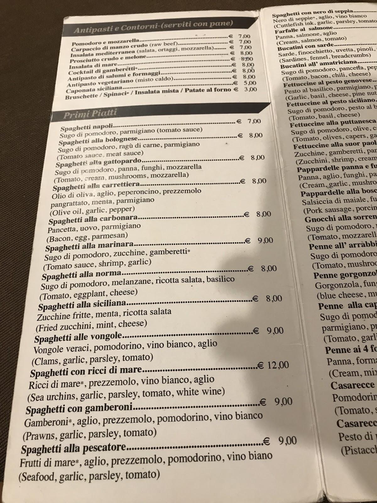 Menu da RISTORANTE PRIMI PIATTI, Palermo