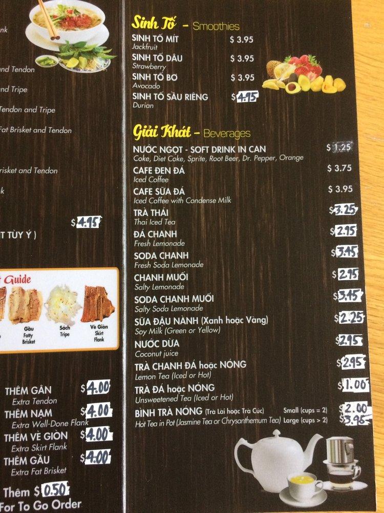 Menu at Pho Dien 1960 restaurant, Humble