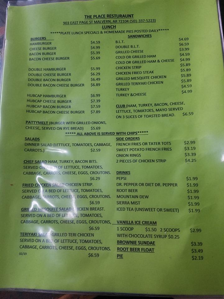 Menu at Place Restaurant, Malvern