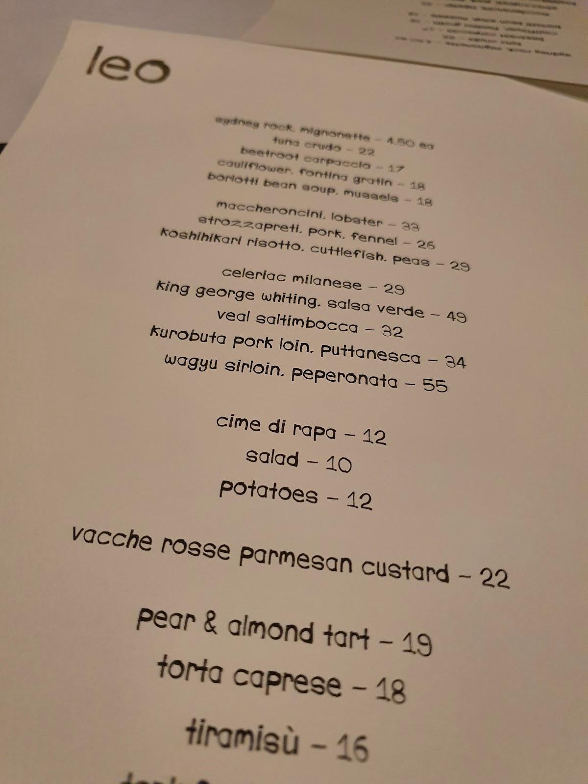 Menu at Restaurant Leo, Sydney